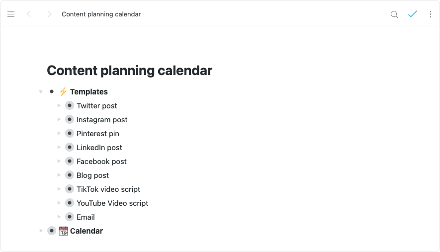 Workflowy template - Content planning calendar